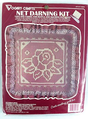 Victorian Rose Lace Net Darning 14in Ruffle Pillow Kit Sealed Vogart ...