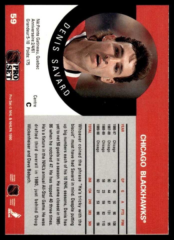 1990-91 Pro Set Denis Savard Chicago Blackhawks #59 | eBay