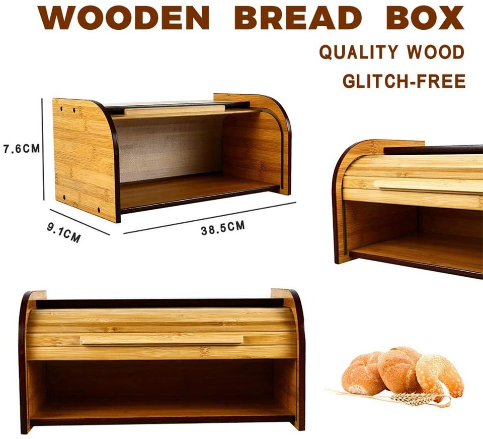 Single Layer Roll Top Bamboo Wooden Bread Bin Kitchen Storage UK | eBay UK