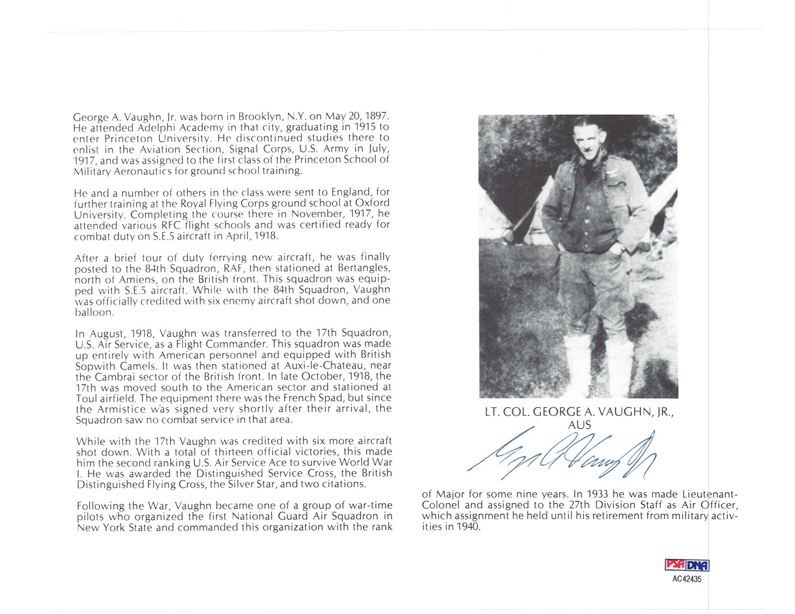 GEORGE VAUGHN JR SIGNED 8X10 (D) PSA DNA AC42435 WWI ACE 13V | eBay