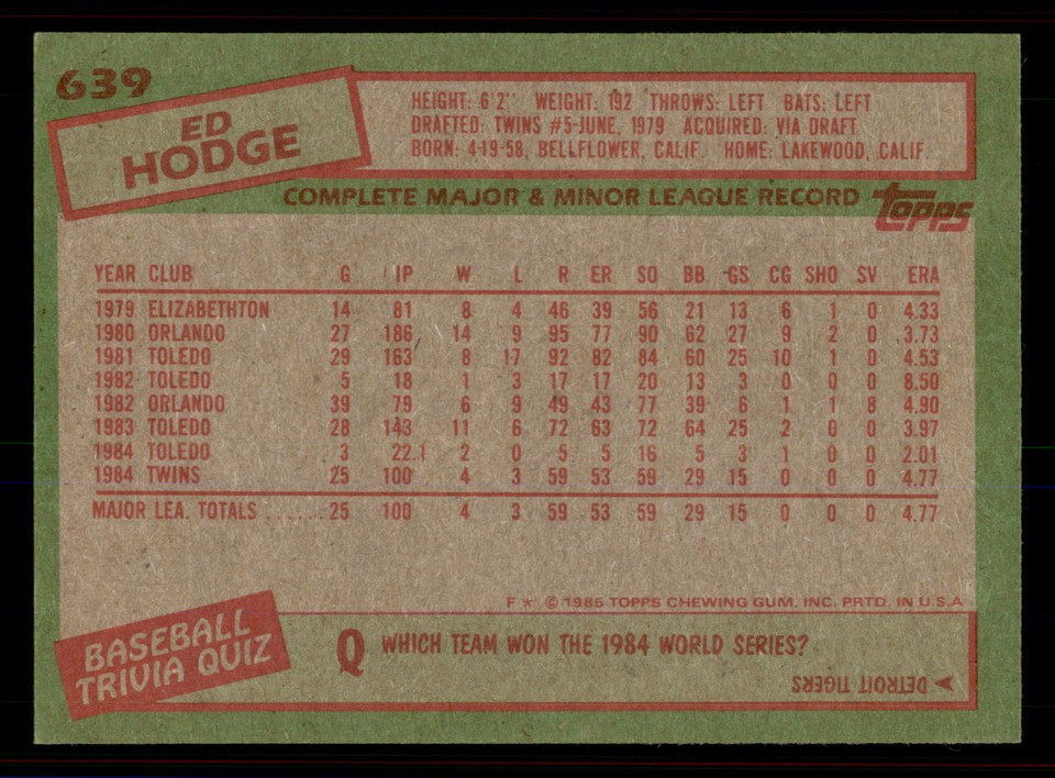 1985 Topps Ed Hodge #639 RC Minnesota Twins | eBay