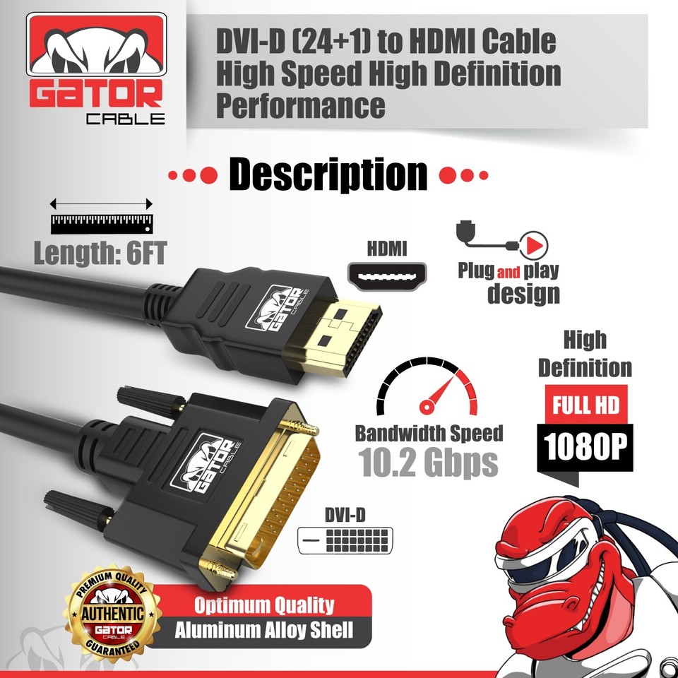 DVI-D to HDMI Dual Link Cable Male HDTV PC Laptop 1080P Monitor Display ...