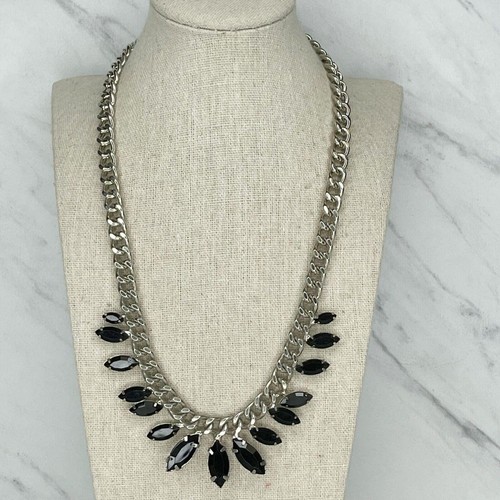 Silver Tone Black Rhinestone Bib Chain Link Necklace | eBay