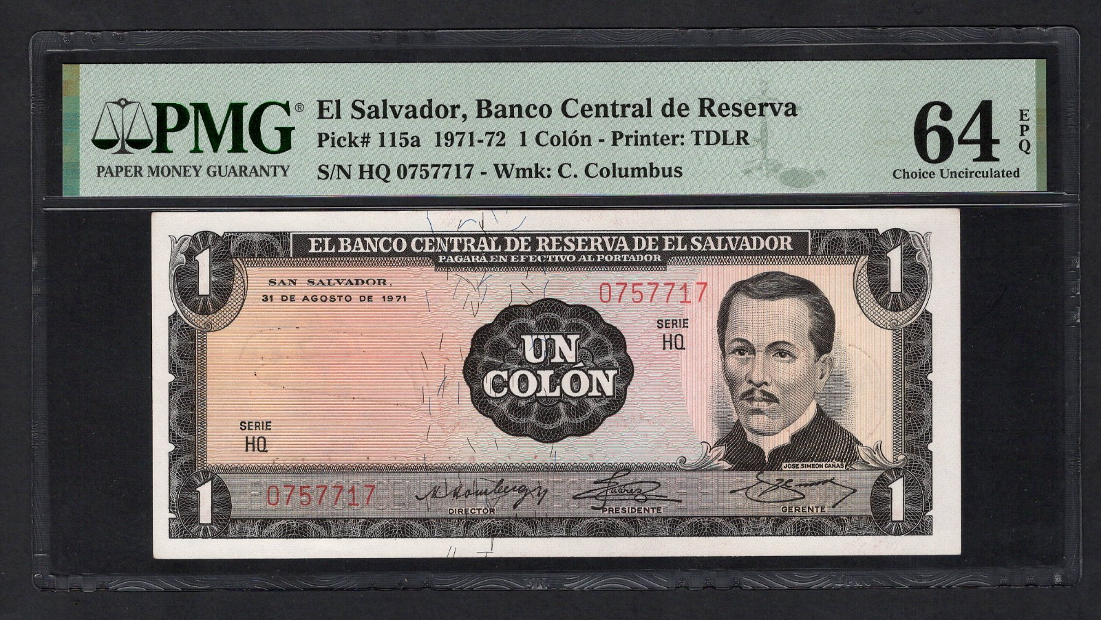 El Salvador One Colon 31-8-1971 P115a Uncirculated Grade 64 | eBay