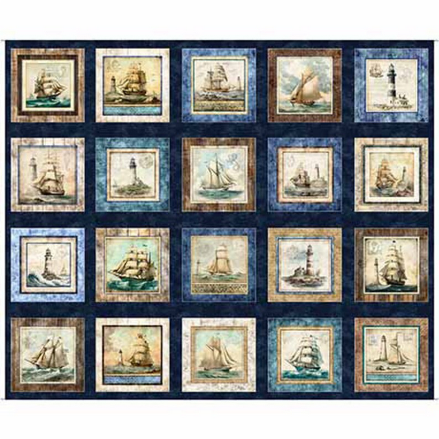 Nautical Lighthouse Ship Sailboat Fabric Navy Blue Cotton QT 36"X44 ...