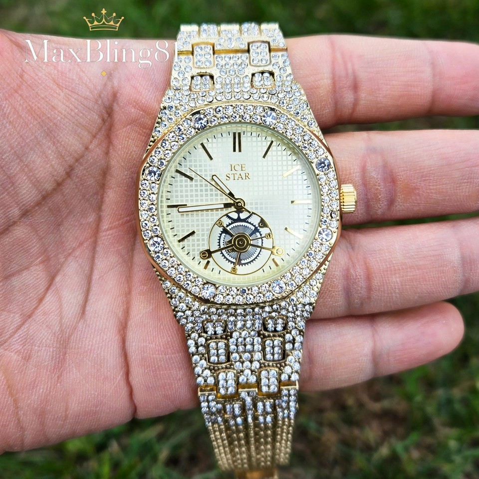 MEN'S HIP HOP GOLD TONE CZ LUXURY WATCH & FULL ICED CUBAN BRACELET GIFT ...