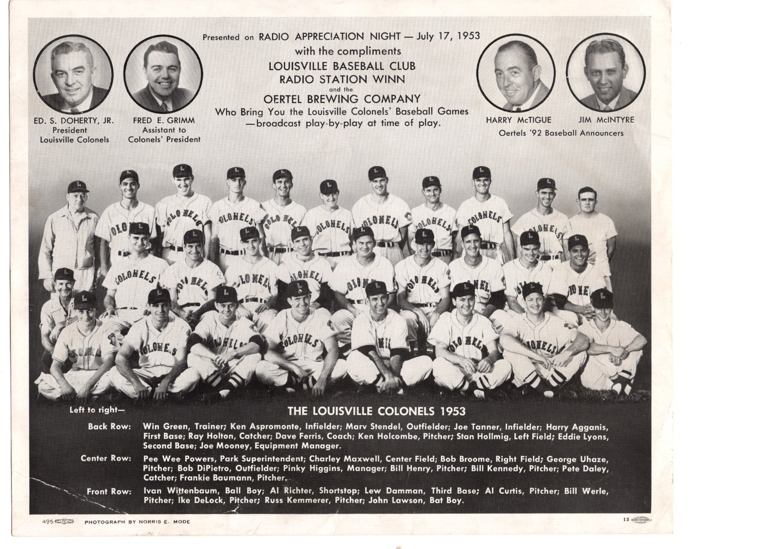 1953 LOUISVILLE COLONELS 8X10 TEAM PHOTO HARRY AGGANIS RED SOX BASEBALL ...