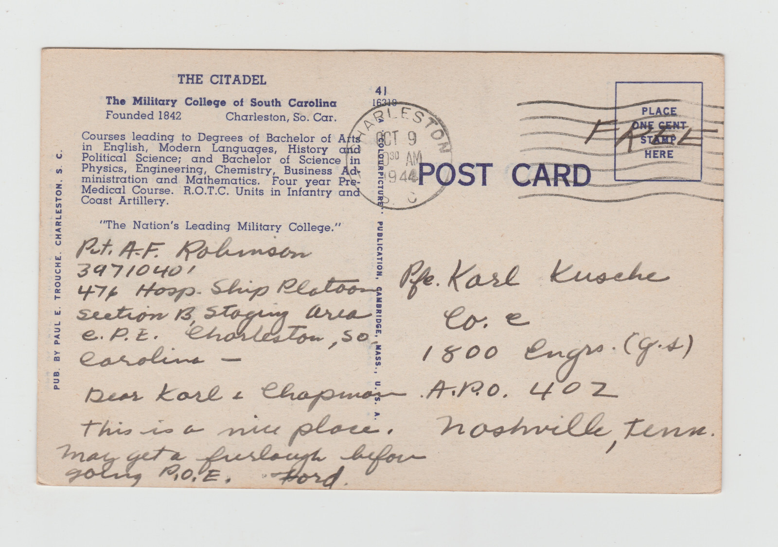 Citadel - Aerial View - Charleston SC - .c.1944 Soldier Postcard 1180 ...