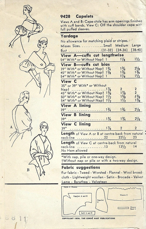 1958 Vintage VOGUE Sewing Pattern B34-36 CAPLETS STOLE WRAP (1855) | eBay