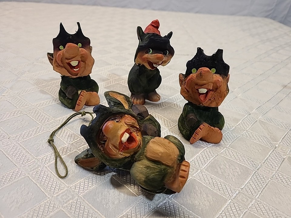 4 Vintage Henning Wood Gnome Troll Norwegian Hand Carved Painted Wood ...