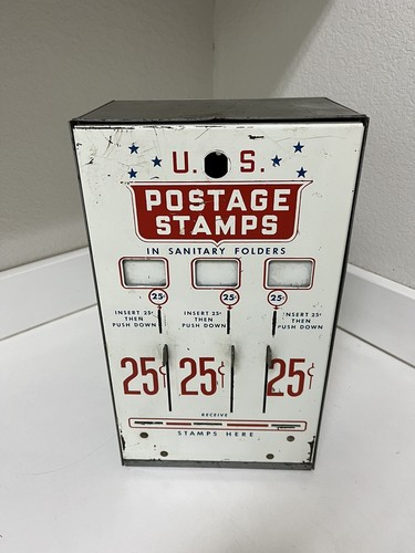 Vintage Metal US Mail Postage Stamps Vending Machine Dispenser 25 Cent ...