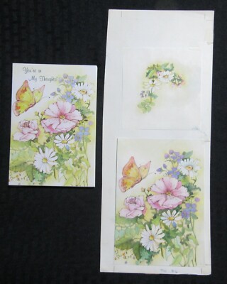 CHEER UP 2-Panels Butterfly w/ Pink Flowers 6x14" Greeting Card Art ...