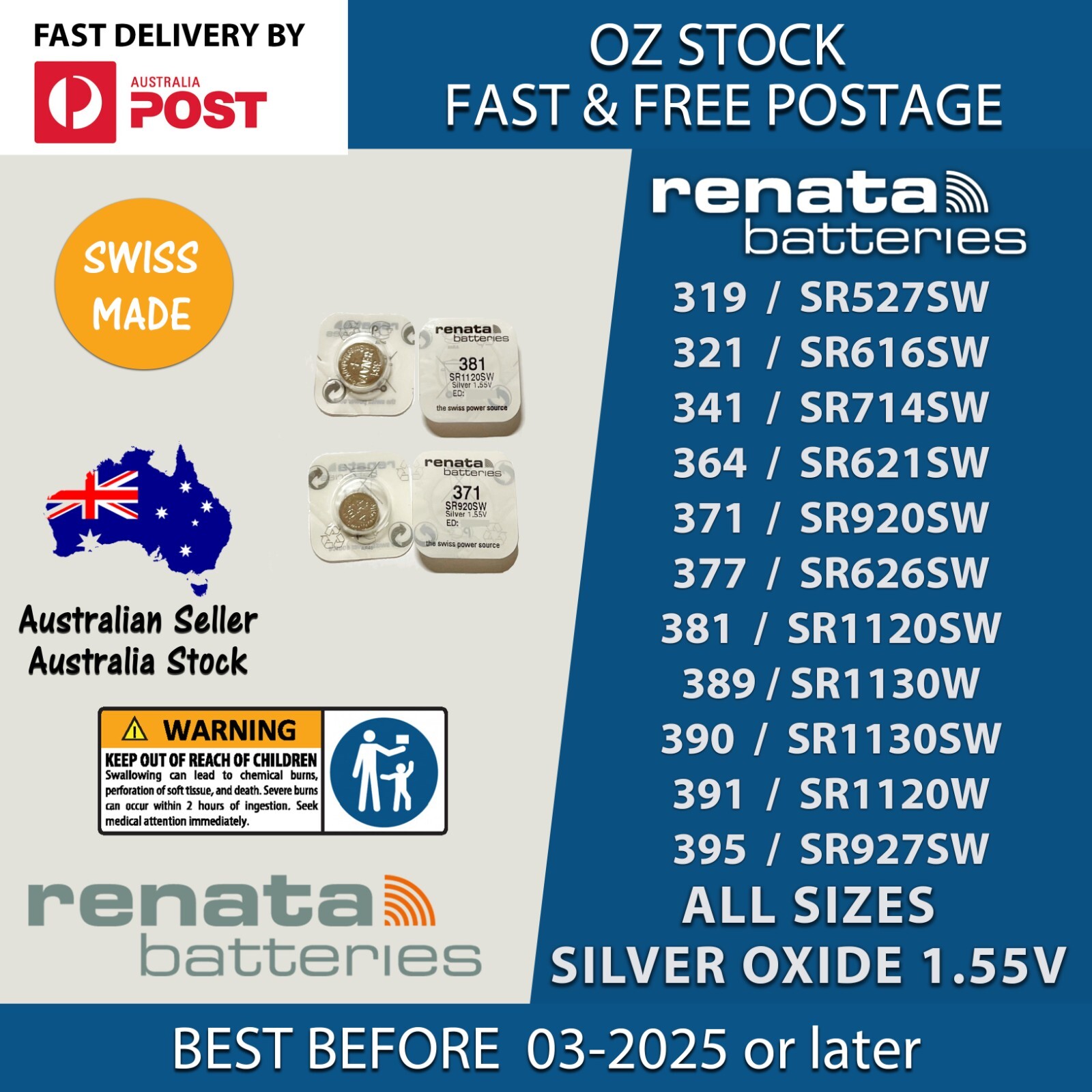 RENATA Watch Battery All Size 319, 321, 341, 364, 371, 377, 381, 390 ...