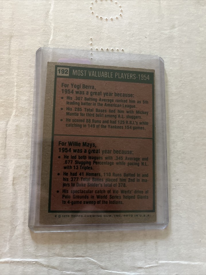 1975 Berra & Mays 1954-Most Valuable Players: 25 Years Of Topps Baseball #192 | eBay