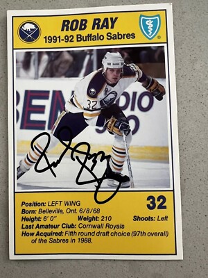 Rob Ray SIGNED AUTOGRAPHED BUFFALO 91-92 SABRES BLUE SHIELD POSTCARD | eBay