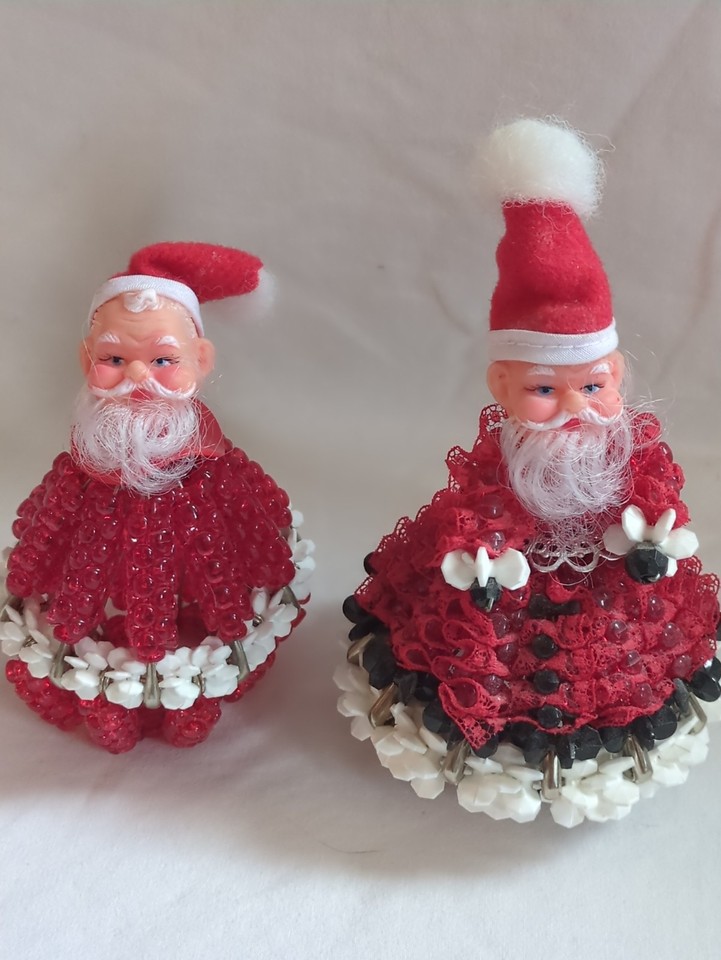 TWO Vintage Beaded Safety Pin Crafts Mr. Santa Clause Christmas Decor ...