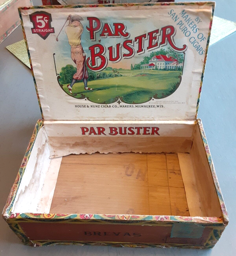 ANTIQUE PAR BUSTER WOOD CIGAR BOX TOBACCO MILWAUKEE WISCONSIN Ca. 1934 ...