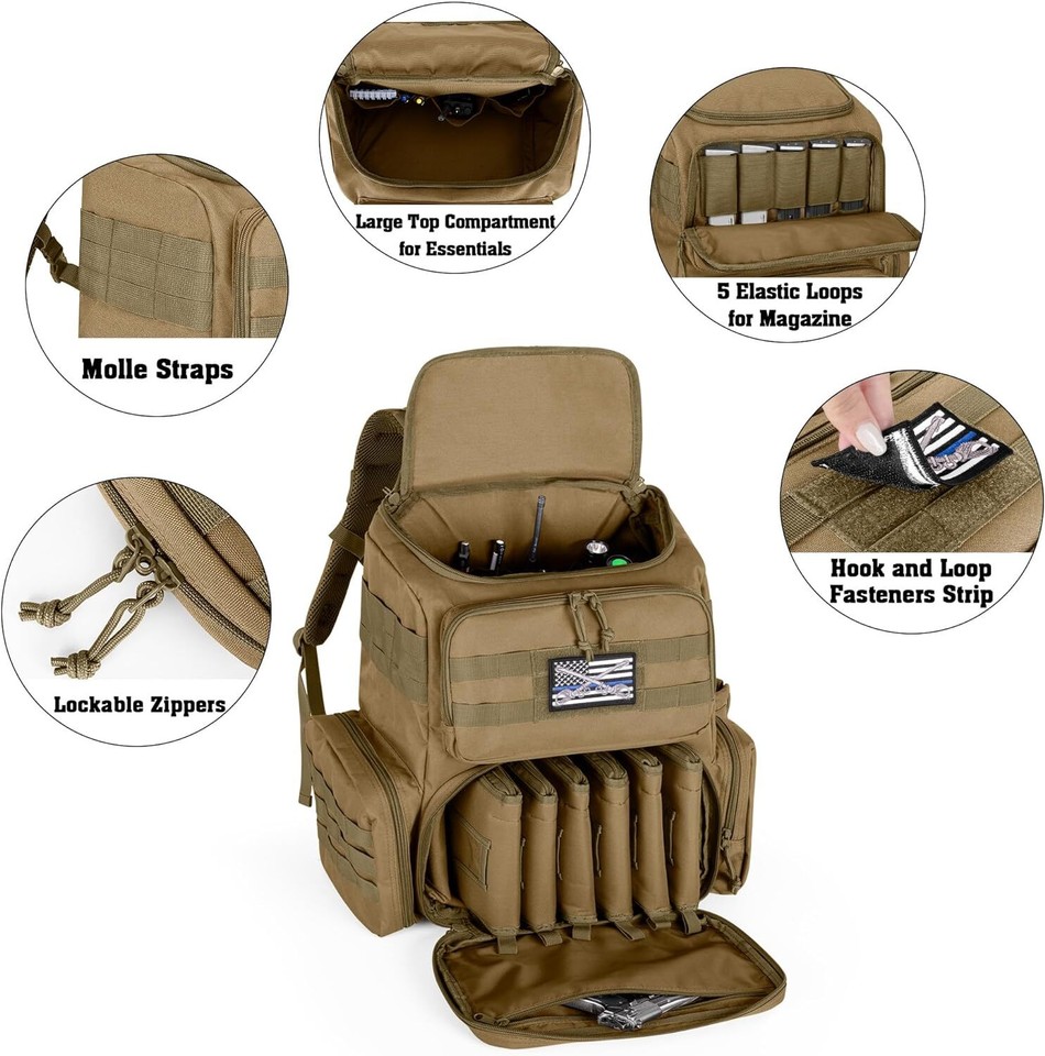 Tactical Shooting Range Backpack Hand Gun Bag with 6 Pistol Cases ...
