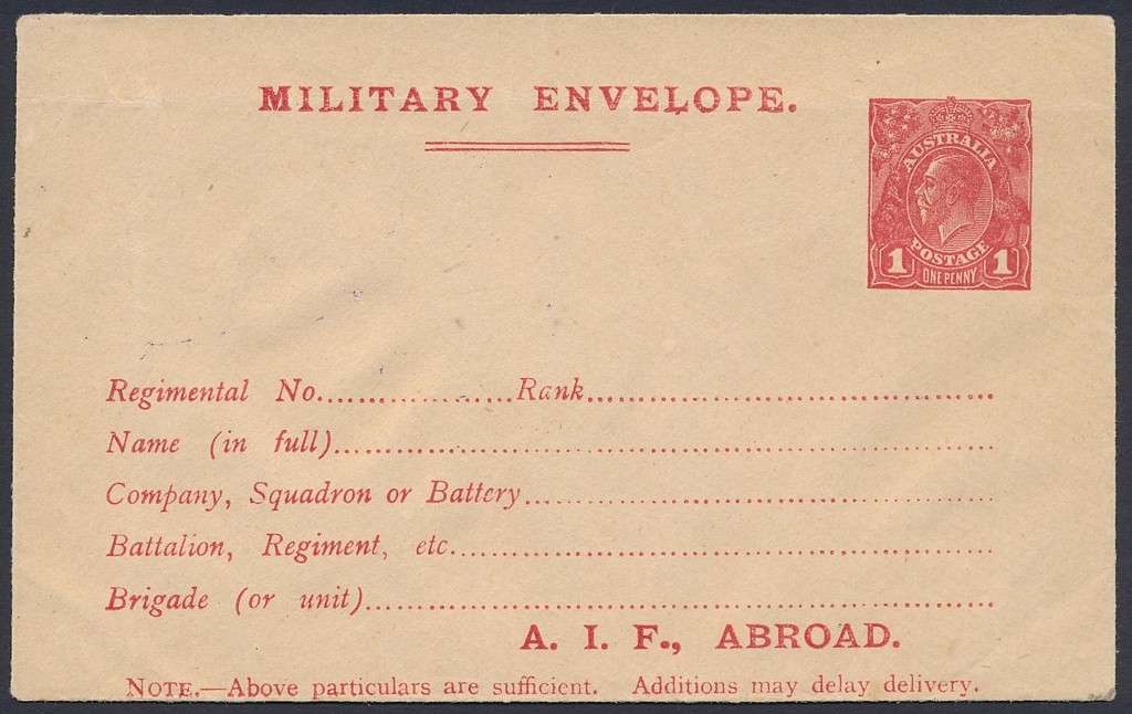 AUSTRALIA Military Envelope 1916 KGV 1d red, setting 2, on buff stock ...