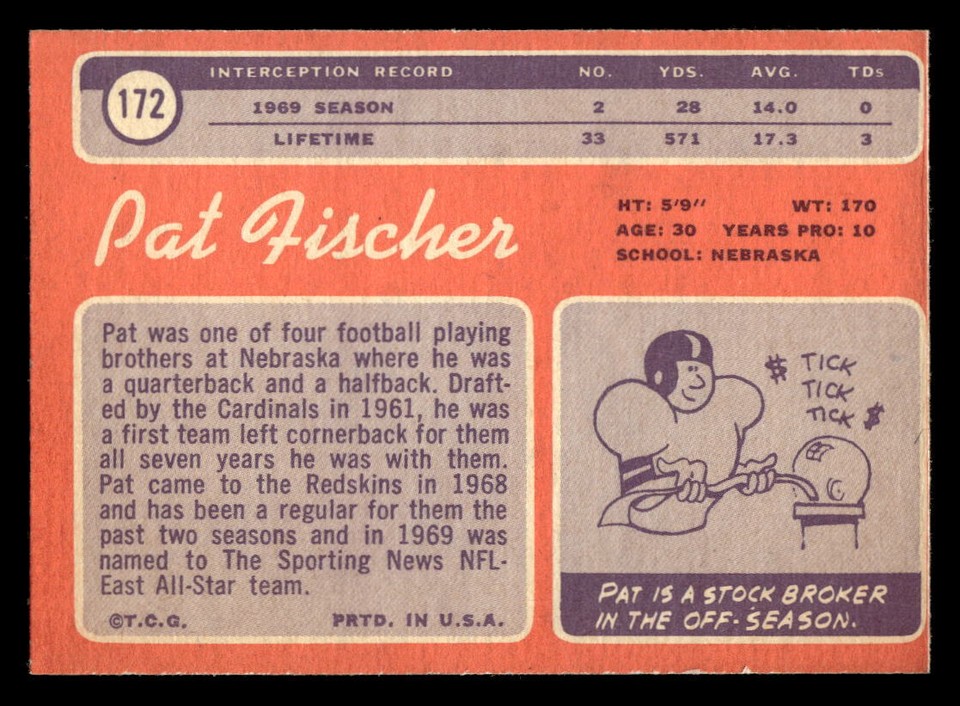 1970 Topps Pat Fischer #172 Washington Redskins Football EX | eBay