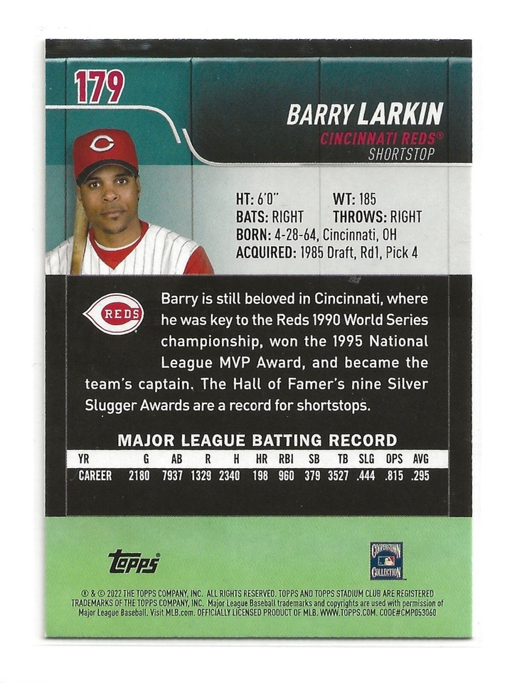 BARRY LARKIN 2022 Topps Stadium Club Base Card Cincinnati Reds (#179 ...