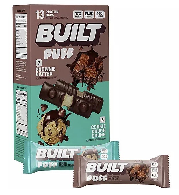 2 Packs BUILT PUFF Protein Bars Cookie Dough Chunk and Brownie Batter ...