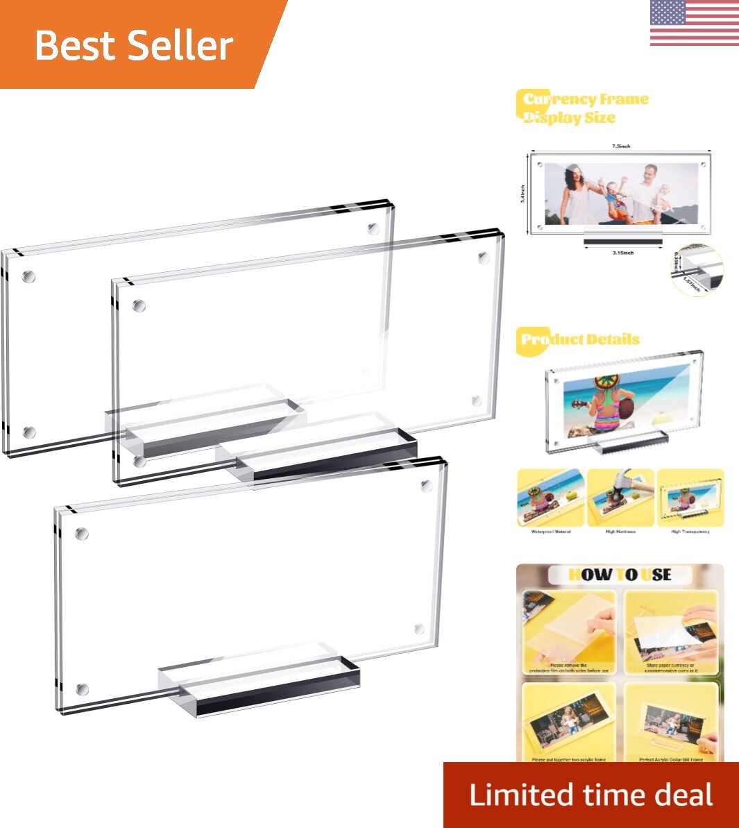 Acrylic Dollar Bill Holder Display Case - Currency Ticket Protector - 2 ...