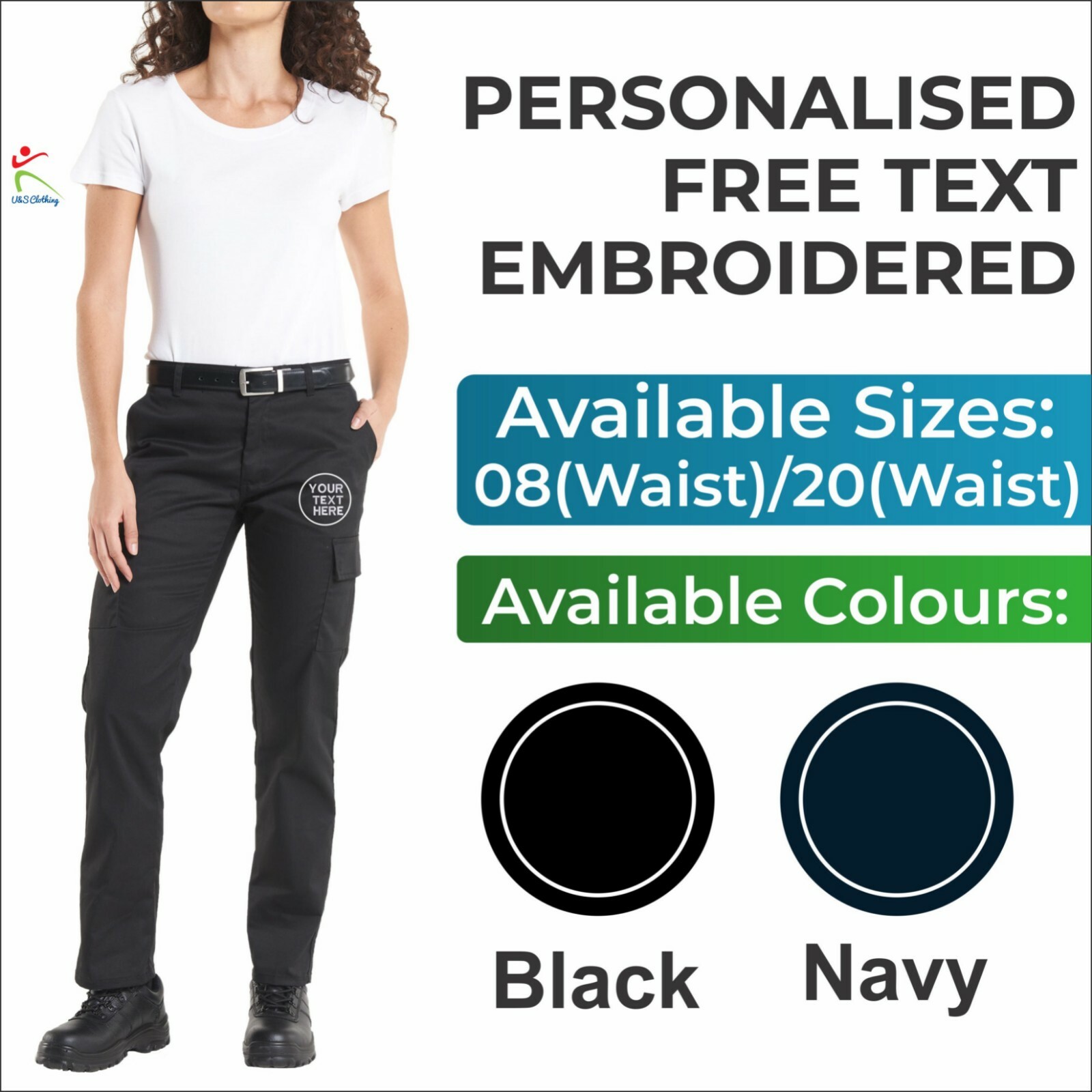 Personalised Custom Embroidered UNEEK Ladies Cargo Trousers Work Wear ...