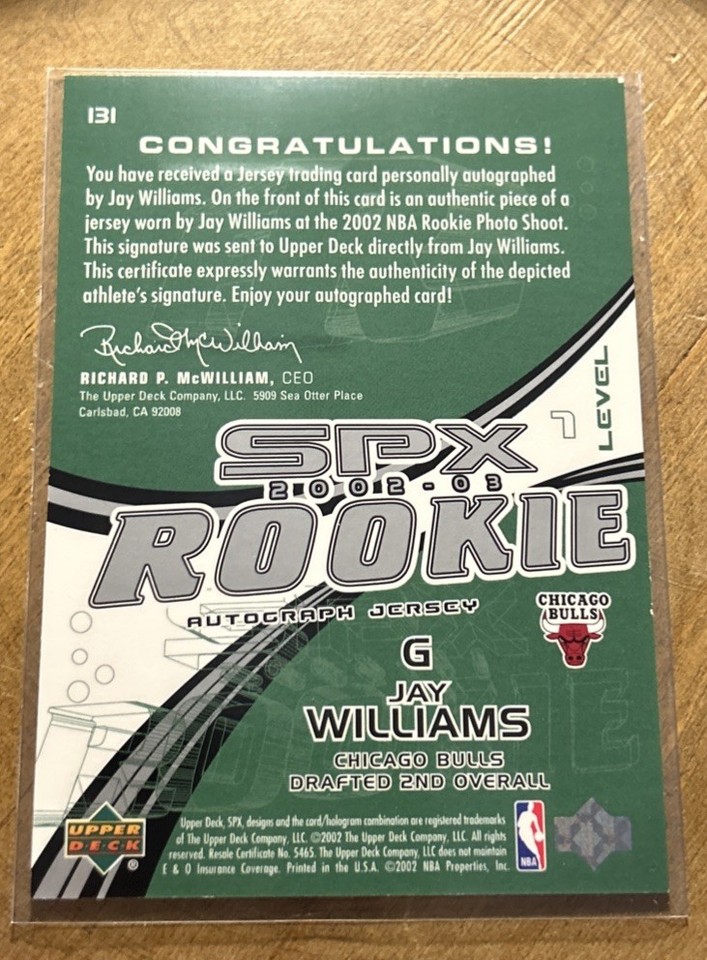 2002 -03 Upper Deck SPX Jay Williams Rookie Jersey Auto 817/999 Chicago ...