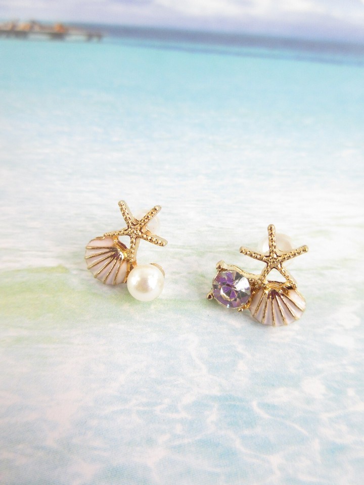 Dainty Seashell Earrings Starfish Rhinestone Pearl Pierced Beach ...