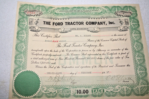 FORD TRACTOR CO. STOCK CERTIFICATE 1917 NOT FORD MOTOR CO. | eBay