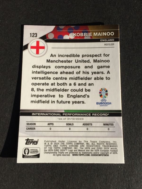 2024 Topps Chrome Euro Kobbie Mainoo National Debut Gold 2/50 ...