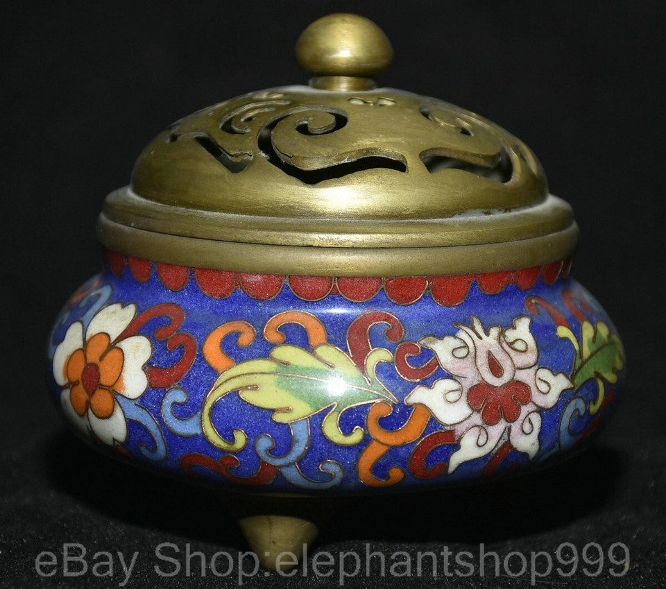 4.4" Old Chinese Copper Cloisonne Dynasty Palace Flower Incense Burner ...