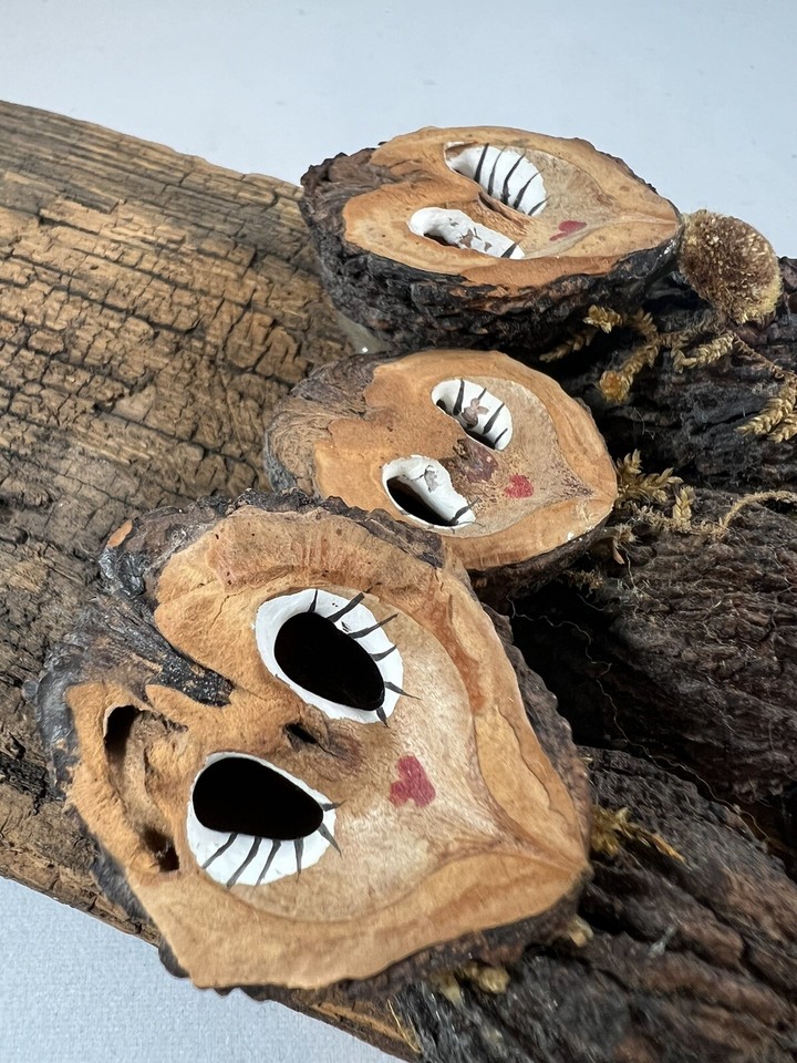 Handmade Wall Hanging Three Walnut Shell Owls on Wood Plaque 8.5" Tall ...