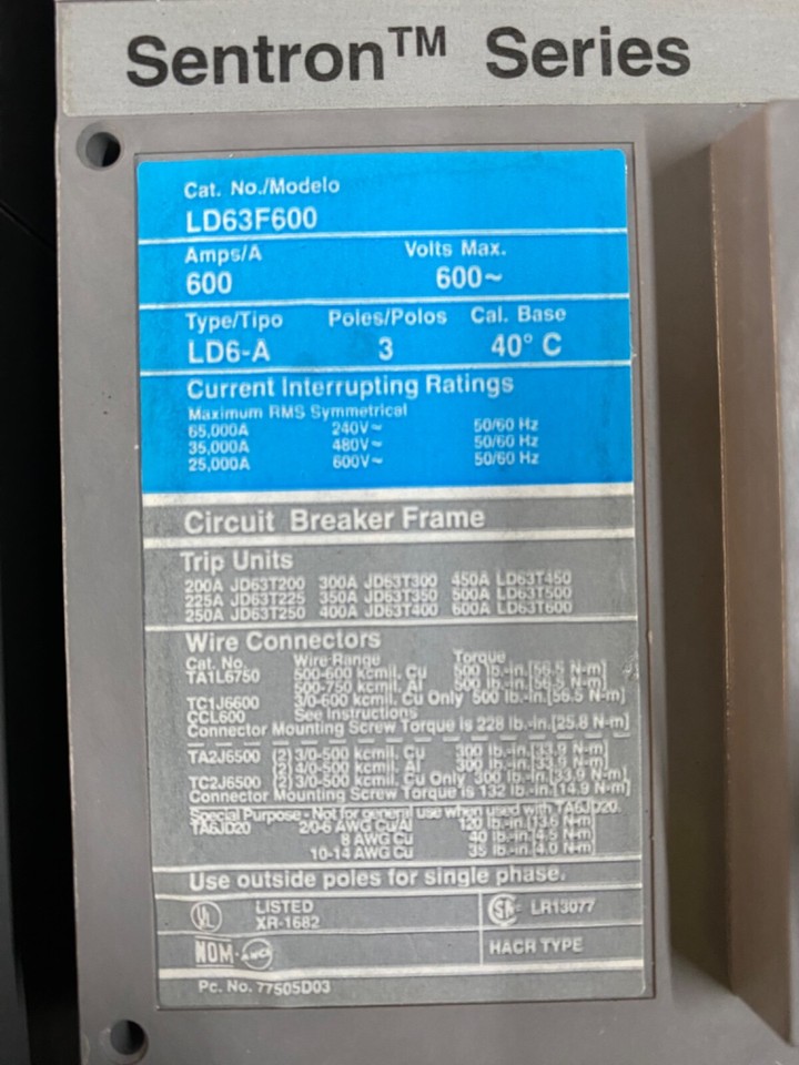 Siemens LD63F600 Sentron Circuit Breaker 600 Amp 600 VAC 3 Pole LD6-A ...
