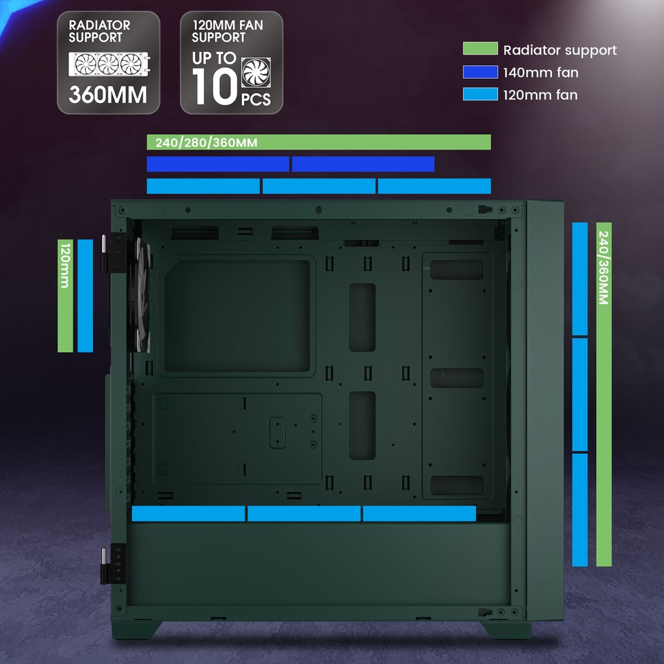 VETROO AL800 Green Mid Tower PC Computer Case E-ATX/ATX Tempered Glass ...