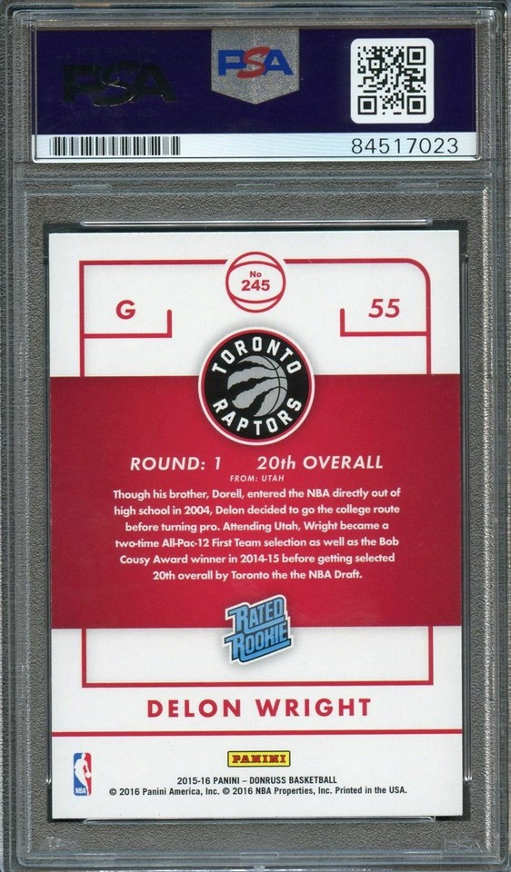 2015-16 Donruss Rated Rookie #245 Delon Wright Signed Card AUTO 10 PSA ...