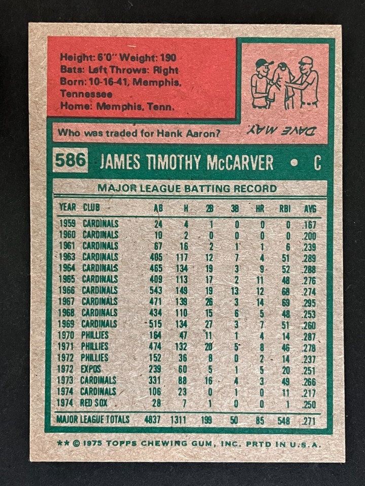 1975 TOPPS MINI HI-GRADE SET BREAK - TIM McCARVER - CARD #586 - RED SOX ...