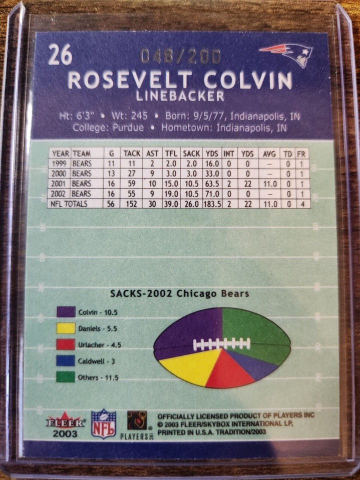 2003 Fleer Tradition Rosevelt Colvin Tiffany 48/200 SP #26 New England ...