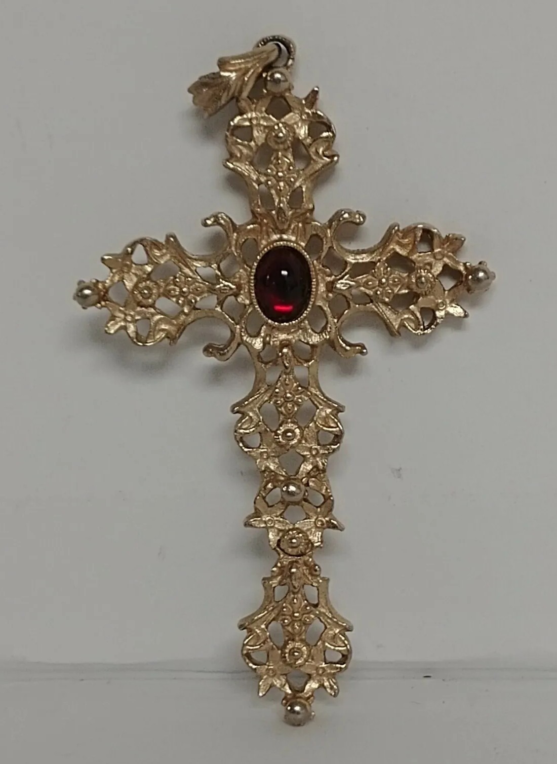 1970 Avon Abby Ornate Gold-Tone Red Ruby Cross Pendant - Gem