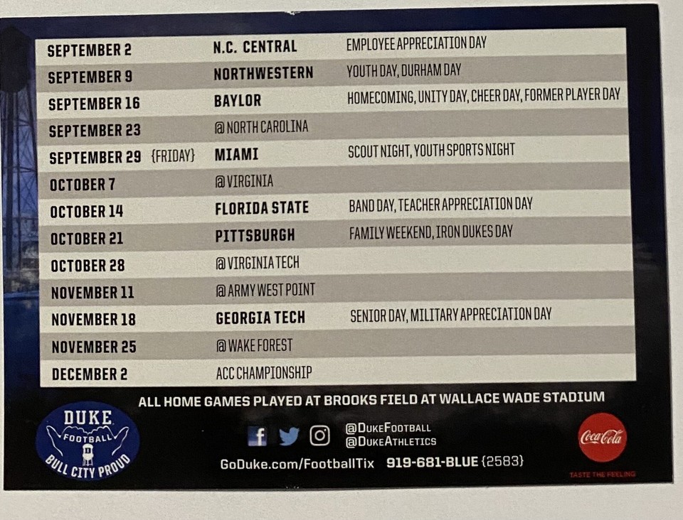 AUSTIN DAVIS Schedule 🏈 2017 DUKE BLUE DEVILS College Football Sked FB ...