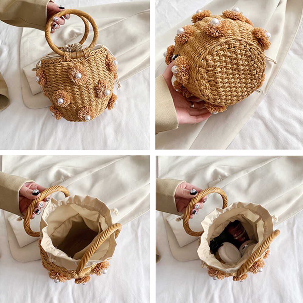 Round Handbag Flower Pearls Bucket Bag Stylish Straw Bag Women's | eBay