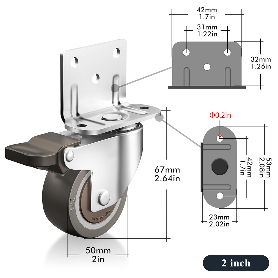 Side Mount Casters, 2 Inch Furniture Wheels, L-Shaped Rubber Casters ...