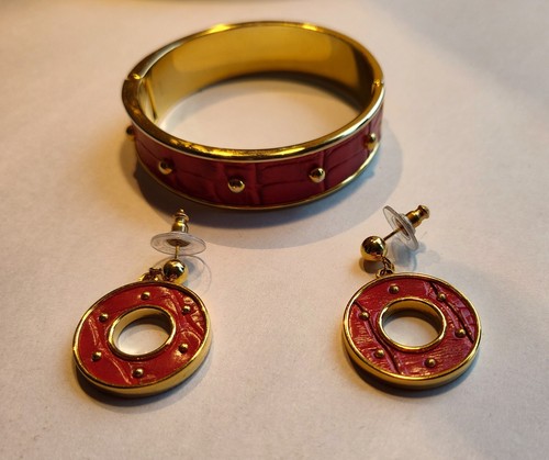 Joan Rivers Leather and Gold Toned Cuff Bracelet and Matching Earrings ...