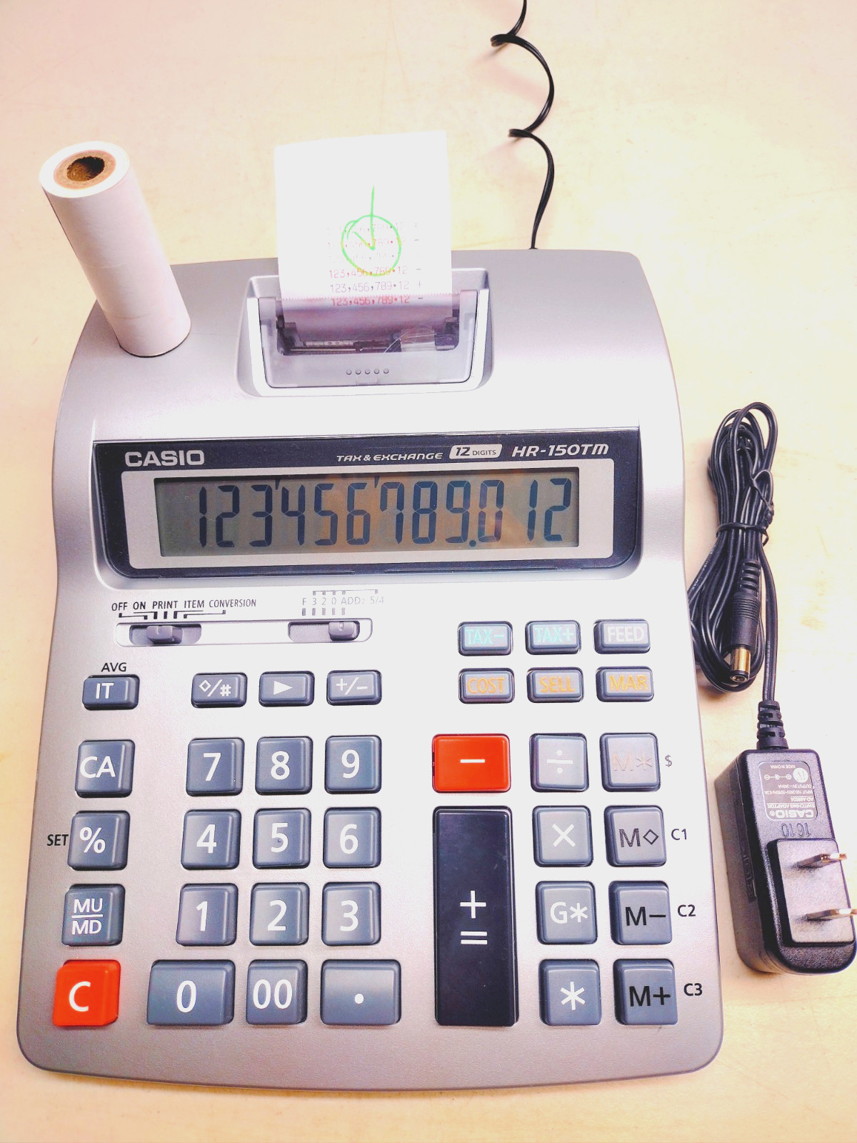 Casio HR-150TM Printing Calculator with AC Adapter & Paper Roll