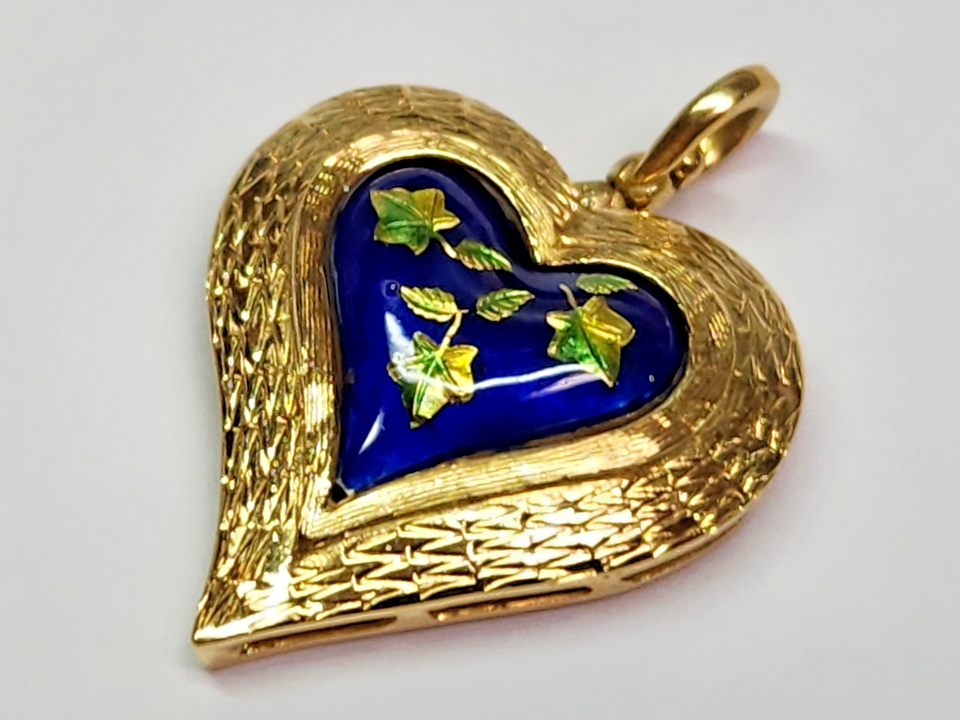 VINTAGE 18.4k Gold Ivy Enamel Heart Pendant Charm w/ Swivel Bail & *NO ...