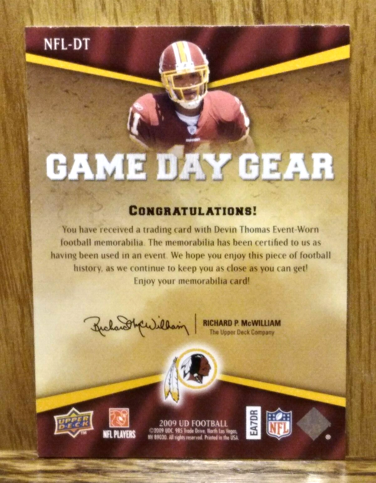 Washington Redskins DEVIN THOMAS Event-Worn Jersey Football Card 2009 ...