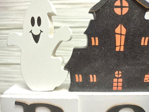 Ghost Boo Halloween Village Decor Wood Haunted House Tinsel Tree ...