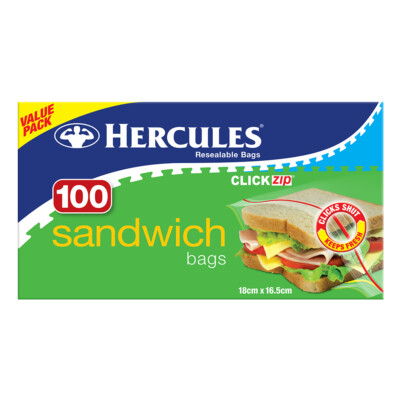 100pc Hercules Click Zip 18x16cm Foods Storage Resealable Sandwich Bags ...