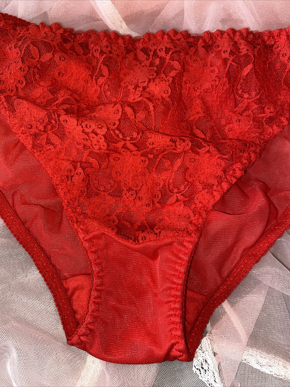 Vintage Nylon Panties Red Sheer Lace Bloomers Bikini … - Gem